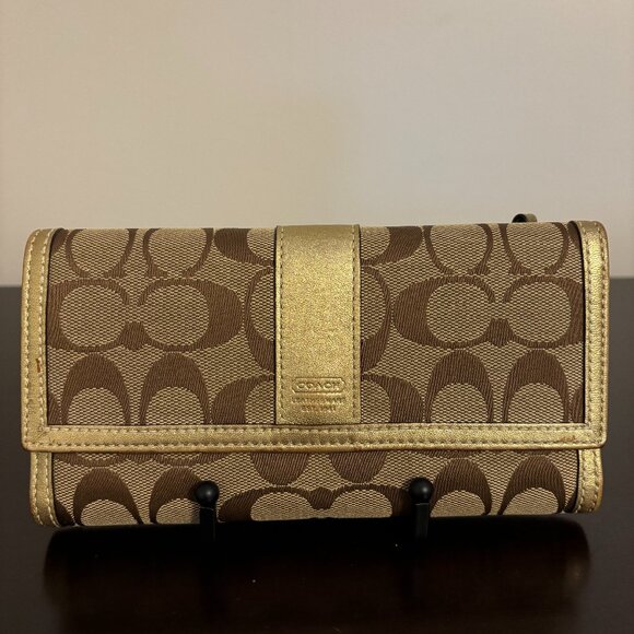 Coach | Bags | Coach Signature Brown Jacquard Gold Leather Snap Closure ...